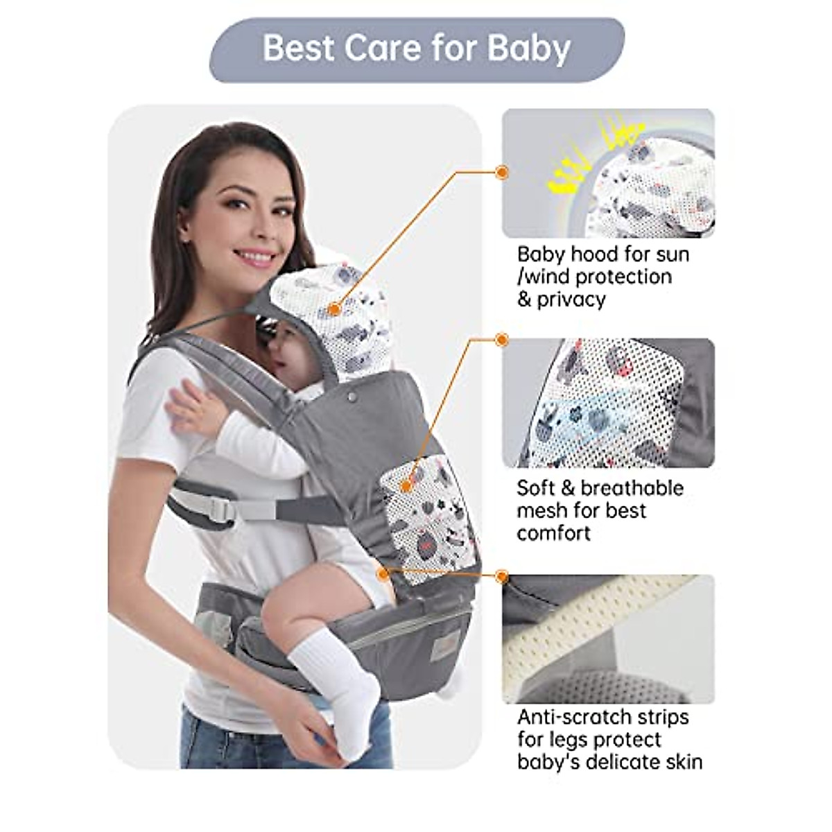 Baby Carrier Newborn to Toddler, Mumgaroo Ergonomic 6-in-1 Baby Carrier with Hip Seat Complete All Seasons, Adjustable & Removable Baby Holder Backpack with Baby Hood 0-36 Months (Grey)