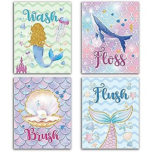 FALJIOK Mermaid Decor, Mermaid Bathroom Wall Art Decors, Ocean Wash Brush Floss Flush Kids Girls Bathroom Under the Sea Rules Wall Signs, Set of 4(8”X10”) Unframed