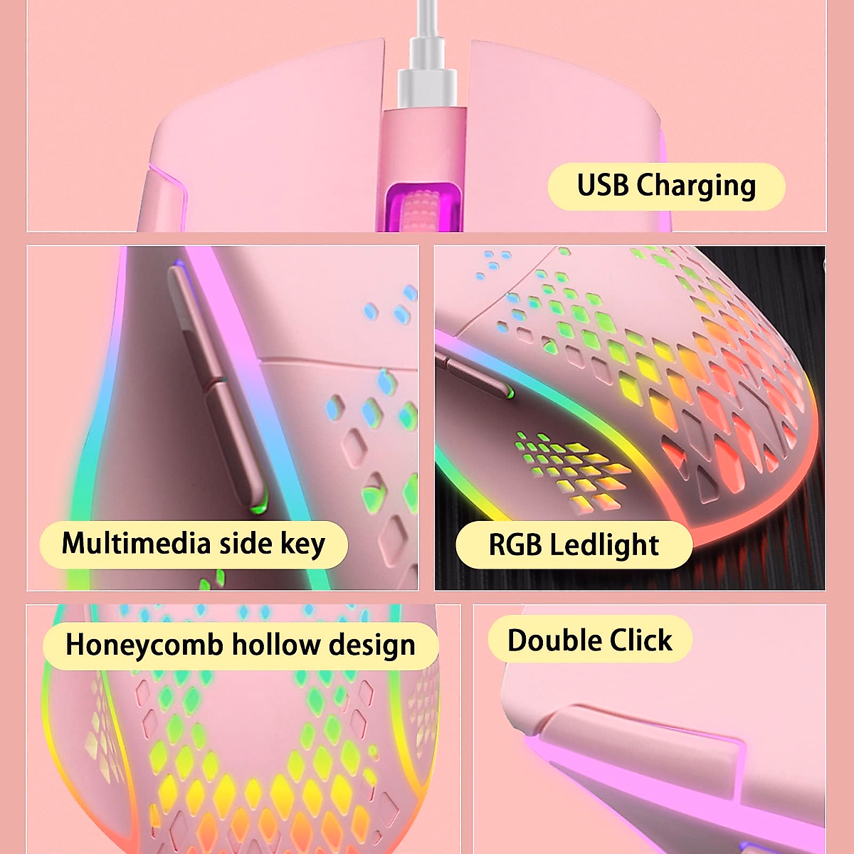 VEGCOO Wireless Gaming Mouse, C30 Silent Click Wireless Rechargeable Gaming Mouse with Double-Click Key and Colorful LED Lights, 3 Level Adjustable DPI for Gaming and Working (Pink)