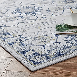 JINCHAN Area Rug 3x5 Persian Washable Rug Indoor Entryway Rug Navy Blue Floral Print Rug Boho Farmhouse Foldable Thin Rug Kitchen Floor Cover Non Slip Soft Bath Mat for Bedroom Living Room Dining Room