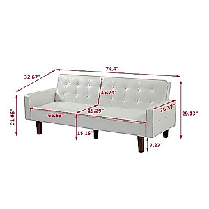 Lunanniu Vegan Leather Sofa Bed Sleeper Couch 74.4 Inch Convertible Loveseat Size for Small Space 3 Seater Chesterfield Button Tufted for Office Apartment Dorm Living Room White