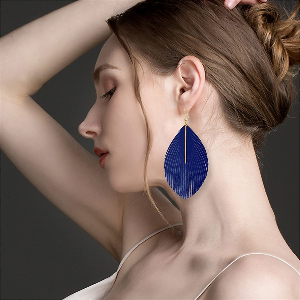 9 Pairs Handmade Lightweight Vintage Bohemian Leather leaf Dangle drop Earrings Sets Elegant Large PU Fringe Feather Hook Earring With Gold Bar for Women Girls Statement Jewelry Gifts (9 Pairs)