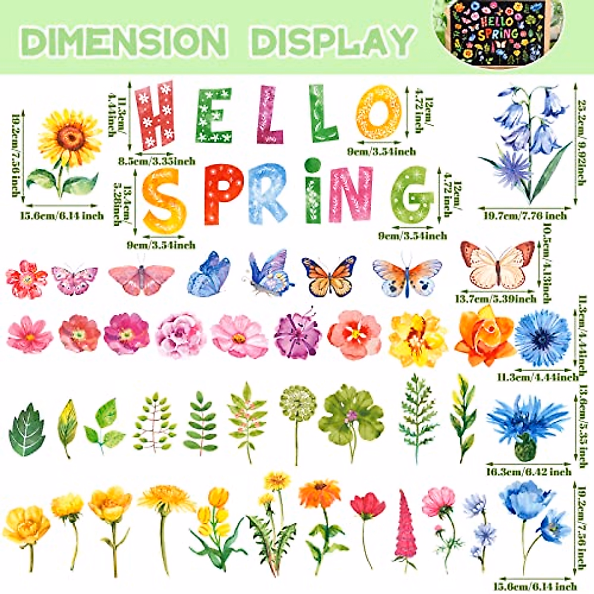 72 Pcs Cute Cutouts Hello Spring Cut Outs with 96 Pcs Glue Points Spring Bulletin Board Set Floral Plants Spring Cutouts Spring Decorations for Classroom School Game Party Bulletin Board Supplies