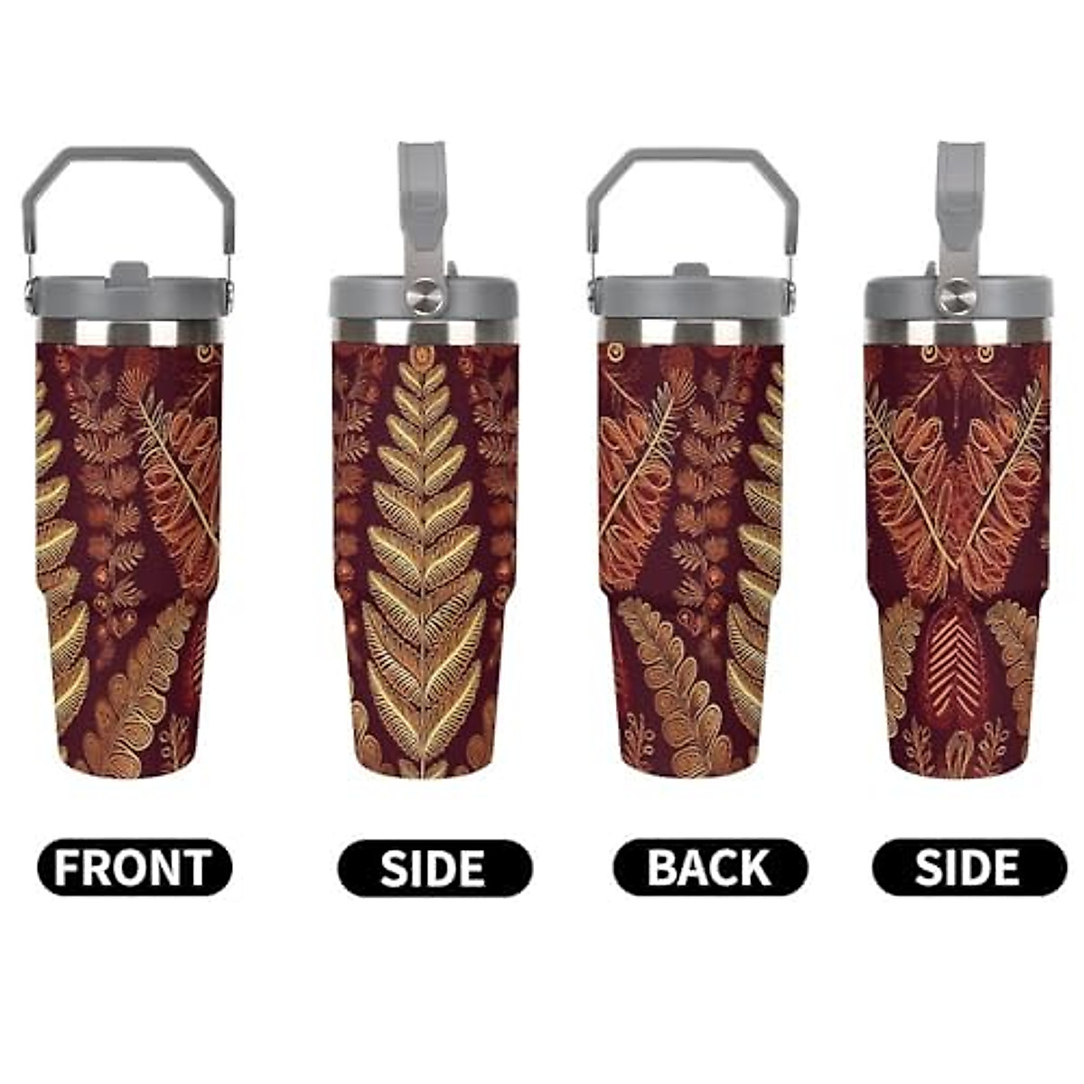 YTLKGFP 30 Oz Large Capacity Car Cup Maroon Gold Pattern Tumbler with Handle Straw Lid Insulated Stainless Steel Water Bottle Travel Mug Leak-proof Car Cup Keeps Cold Or Hot