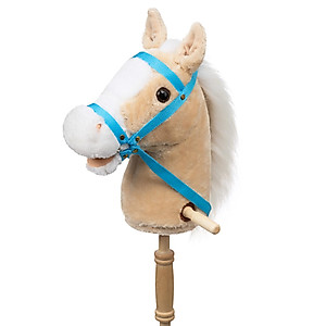 HollyHOME Stick Horse Plush Handcrafted Hobby Horse on a Stick with Wood Wheels Real Pony Neighing and Galloping Sounds for Kids Toddlers Beige 36 Inches(AA Batteries Required)