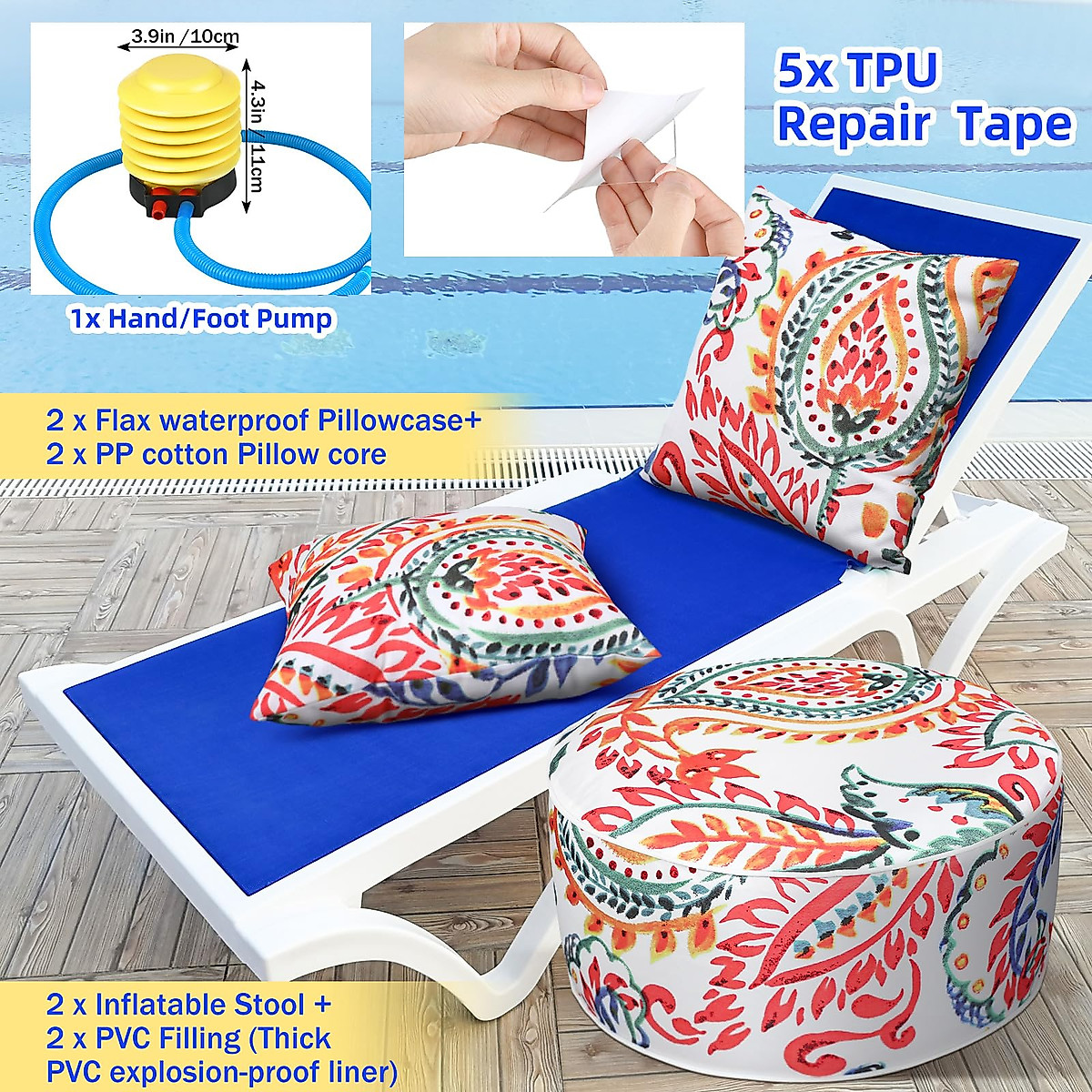 Mindsoft 4 Pack Indoor Outdoor Inflatable Ottoman and Waterproof Pillows Round Footstools Footrest Ottoman with Handle, Throw Pillows Portable Ottoman Pouf for Patio Garden Camping Home Travel