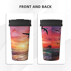 GTKSYNVE Reusable Coffee Mug with Lid and Handle, Sea gull Flying Over Colorful Sky Tumbler for Hot & Cold Drinks 16oz Stainless Steel Insulated Coffee Tumblers Double Wall Vacuum Thermal Cup