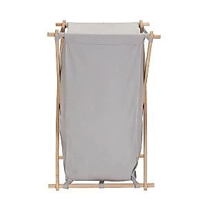Household Essentials X-Frame Wood Laundry Hamper, Folding Wood Frame with Washable Gray Poly-Cotton Bag Large