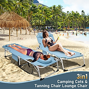 Barbella Tanning Chair 3 in 1 Beach Lounge Chair with Face Hole, Heavy Duty Folding Chaise Lounge Chairs, Oversized 5-Position Folding Cot with Mat for Beach, Pool, Lawn, Yard, Patio, Sky Blue