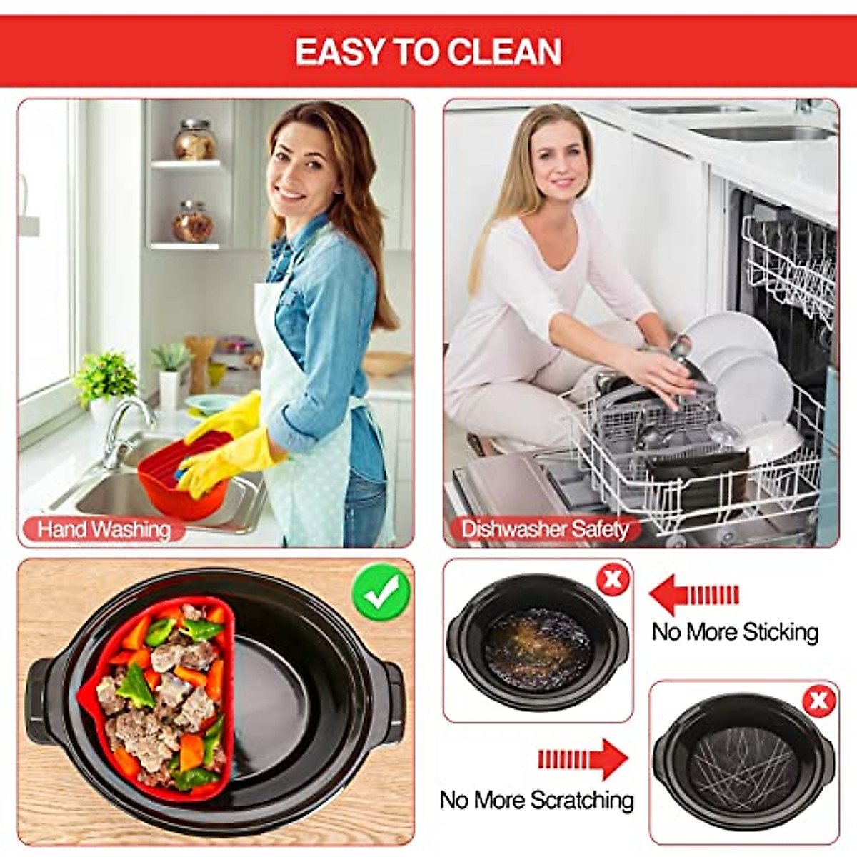 Transform Cooking with Red+Black Eco-Friendly Silicone Slow Cooker Divider Inserts - Non-Stick, Dishwasher Safe! Fits 6-8 Quart Brands