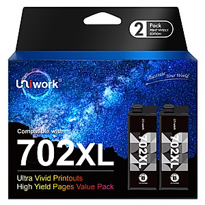 Uniwork Remanufactured 702XL 702 Ink Cartridge Replacement for Epson 702XL 702 XL T702XL T702 High Yield to use with Workforce Pro WF-3720 WF-3730 WF-3733 Printer tray (2 Black)
