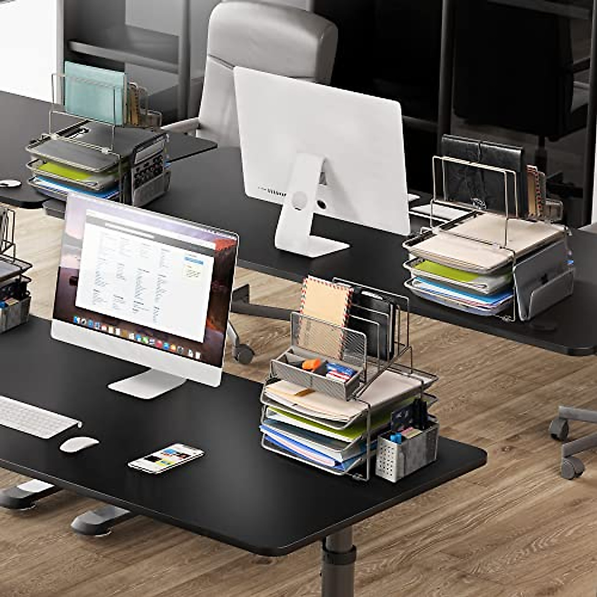 DESIGNA Stackable Mesh Desk Organizer with 3 Sliding Letter Trays 4 File Holders 2 Side Compartments & Pencil Holder Non-slip All In One Desktop Accessories Organizers Office Storage, Champagne