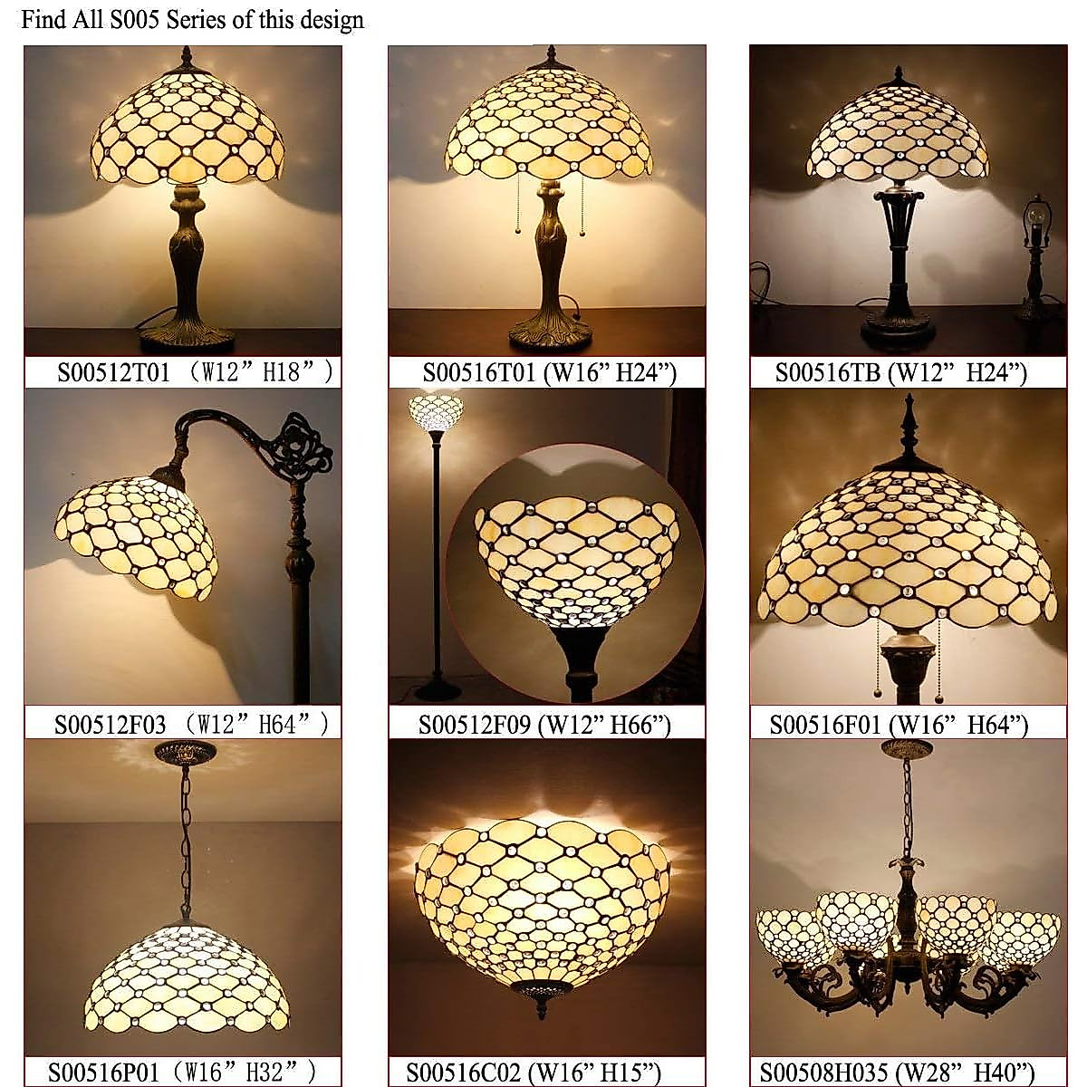 WERFACTORY Tiffany Floor Lamp Cream Amber Stained Glass Bead Light 12X12X66 Inches Pole Torchiere Standing Corner Torch Uplight Decor Bedroom Living Room Home Office (LED Bulb Included) S005 Series