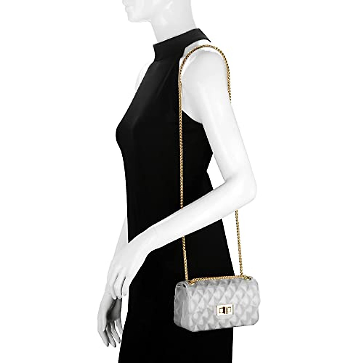 Linkidea Women Jelly Shoulder Handbags, Mini Semi-Clear Clutch Purse, Semi-Transparent Polyvinyl Chloride Chain Crossbody Bag