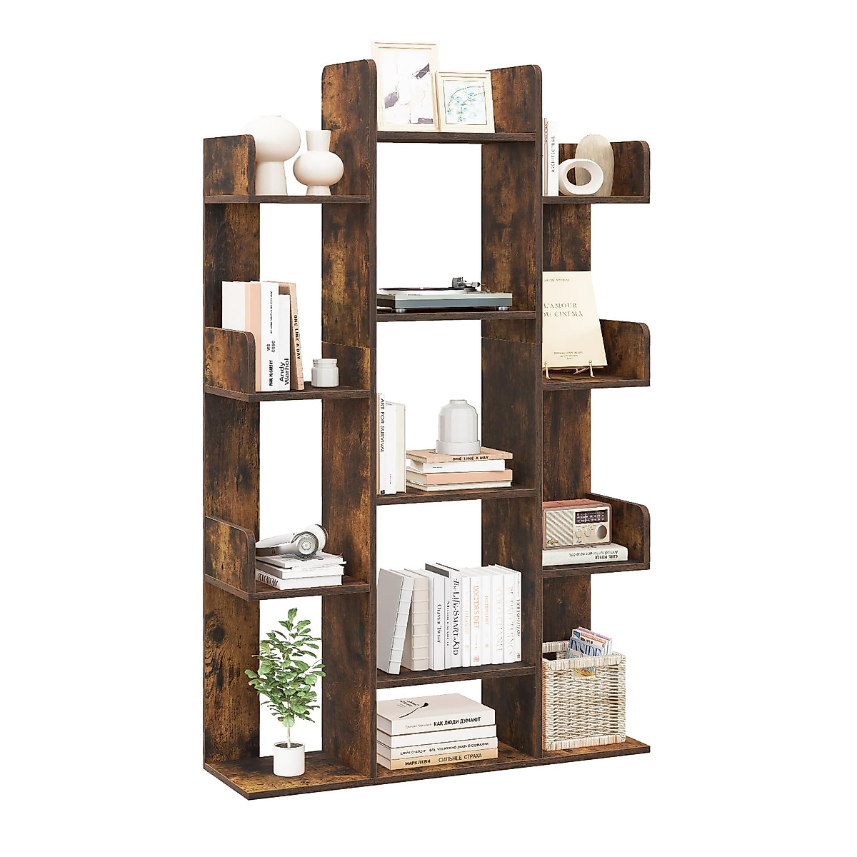 Tangkula Freestanding Tree Bookshelf, Corner Storage Organizer with 13 Open Shelves, Decorative Display Cube Shelf for Living Room, Study, Office, 34 x 9.5 x 55.5 Inch (1, Rustic Brown)