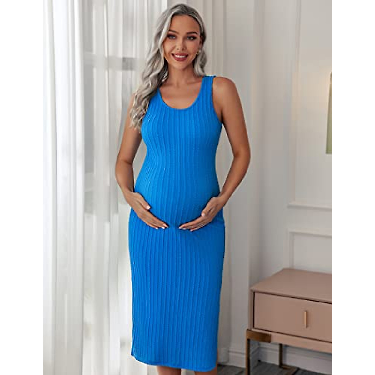 Ekouaer Lady Knit Ribbed Maternity Tank Dress Side Slit Bodycon Nightgowns for Baby Shower (Snorkel Blue, L)