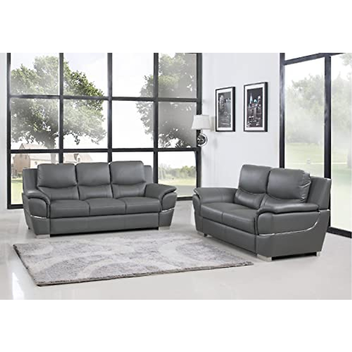 Blackjack Furniture Binion 1 Piece Modern Genuine Leather Sofa for Living Room with Padded Headrest, Wide Arms & Chrome Accents, Elegant Upholstered Couch, Sofa, Gray