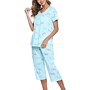 ENJOYNIGHT Womens Pajama Sets Cotton Pj Set Short Sleeve Top With Capri Pants Sleepwear 2 Piece Lounge Set(Medium,Flyyying)
