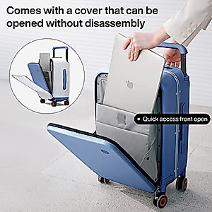 mixi Carry On Luggage Wide Handle Luxury Design Rolling Travel Suitcase PC Hardside with Aluminum Frame Hollow Spinner Wheels, with Cover, 20 inch, Sapphire Blue