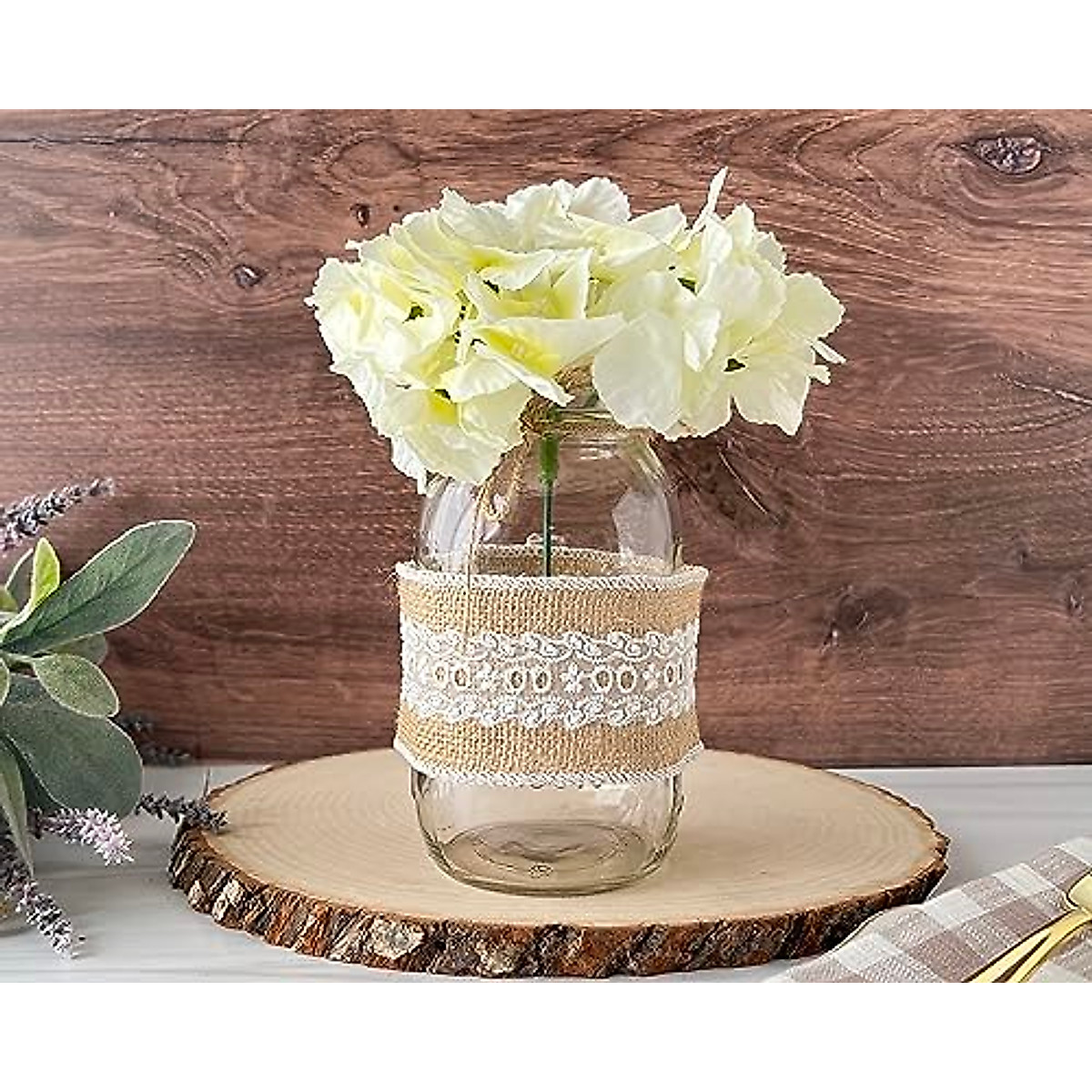 Set of 12 Burlap and Lace Sleeves for Mason Jars, Sleeves and Twine ONLY, Jars NOT Included, Burlap Mason Jar Wraps, Country Chic Wedding Centerpiece Decor for Tables, Mason Jar Centerpiece