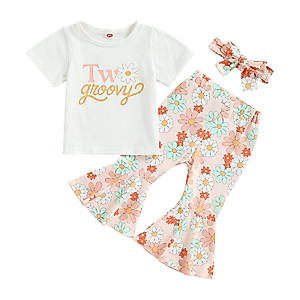 CHAUKAREAUL Toddler Baby Girl 2nd Birthday Outfit Short Sleeve Two Groovy Print Romper Floral Bell Bottom Pants 2 Year Old (White 2nd, 2-3 Years)