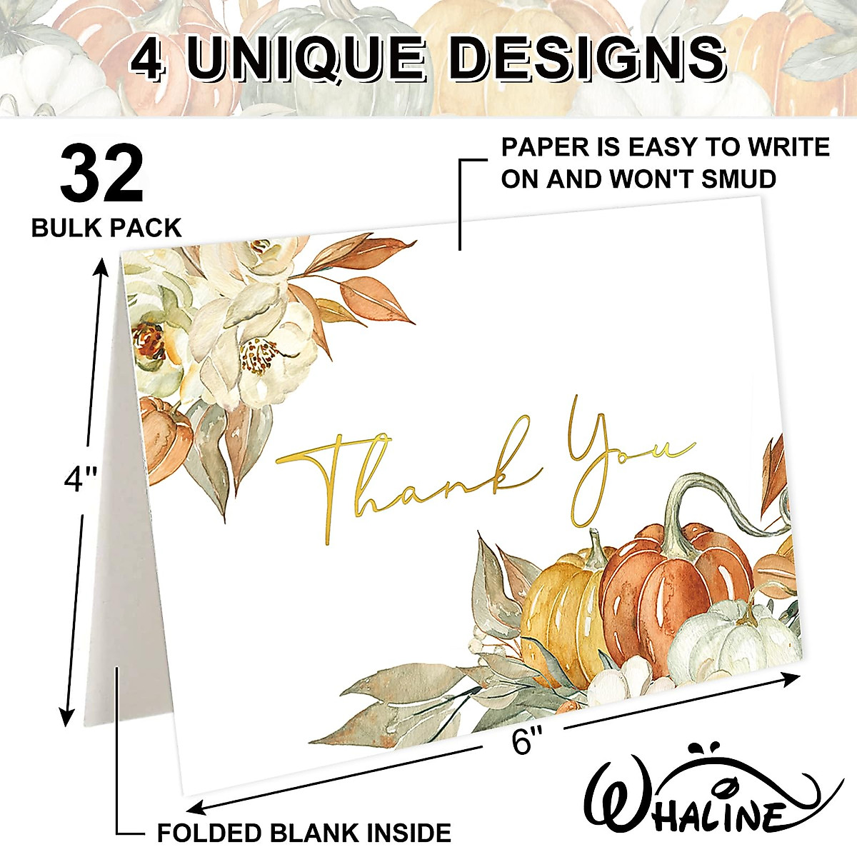 Whaline 32 Packs Fall Pumpkin Gold Foil Thank You Cards Autumn Watercolor Greeting Cards Blank Note Cards with Envelopes and Stickers for Thanksgiving Birthday Baby Shower Party, 4 x 6 Inch