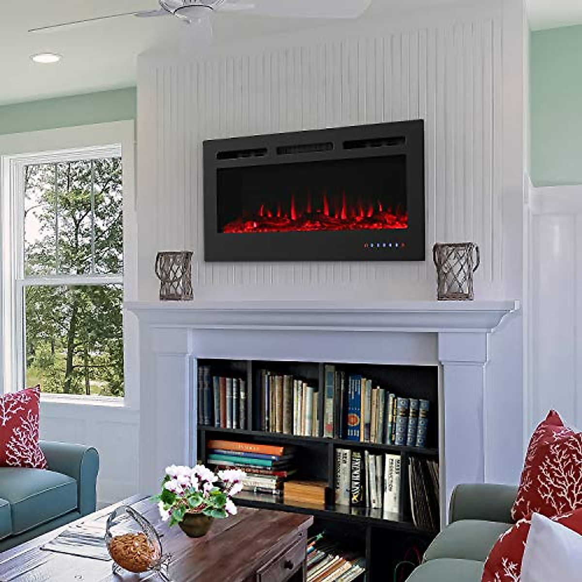 Sunnydaze Modern Flame 36-Inch Indoor Electric Fireplace - Wall-Mounted/Recessed Installation - 9 Flame Colors - Black