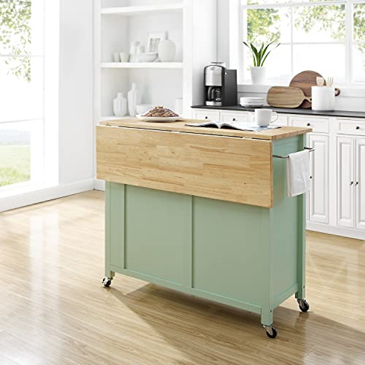 Crosley Furniture Savannah Wood Top Drop Leaf Rolling Kitchen Island Cart with Spice Rack and Shelves, Mint