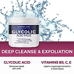 MAJESTIC PURE Glycolic Acid Pads for Face & Body - 20% Resurfacing Exfoliating Pads with Vitamin C,E,B5,AloeJuice, GreenTea & Rosemary Oil - For Skin Tone, Acne, Fine Lines & Dark Spots - Peel Pads 60