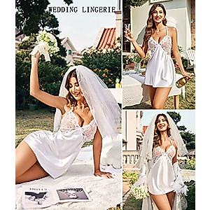Avidlove Women Satin Sleepwear Wedding Nightgown White Lingerie Lace Chemise White M