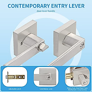 E-Home Hardware Entry/Entrance Door Handles with Locks and Same Keys for Front Exterior Door Use, Square Satin Nickel Finish Keyed Alike Door Levers Knobs for Right/Left Handed Doors, Combo Pack of 5