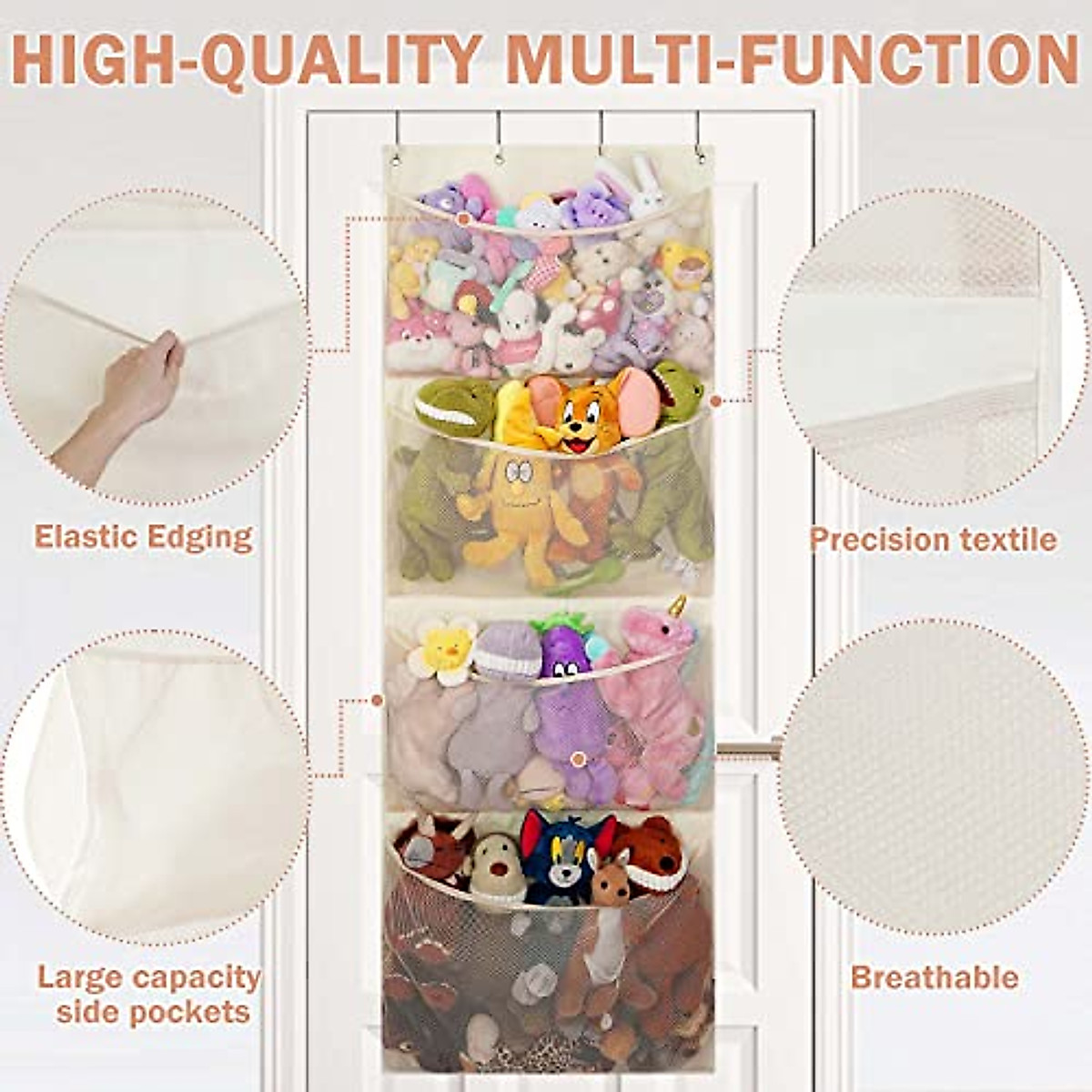 VICTOR'S Stuffed Animal Storage, Over The Door Organizer Storage for Closet, Baby, Plush Toy, Stuffed Animal Holder with 4 Large Hidden Pockets, Room Organizer for Nursery, Bedroom, Kids' Room, Beige