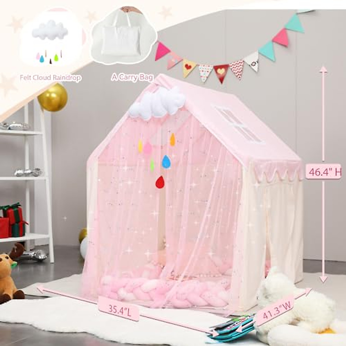 Annualring Play Tent Kids Playhouse,Little Teepee Tent with Felt Cloud Indoor Play House for Toddlers,Castle Tent for Girls Boys (Beige Pink)
