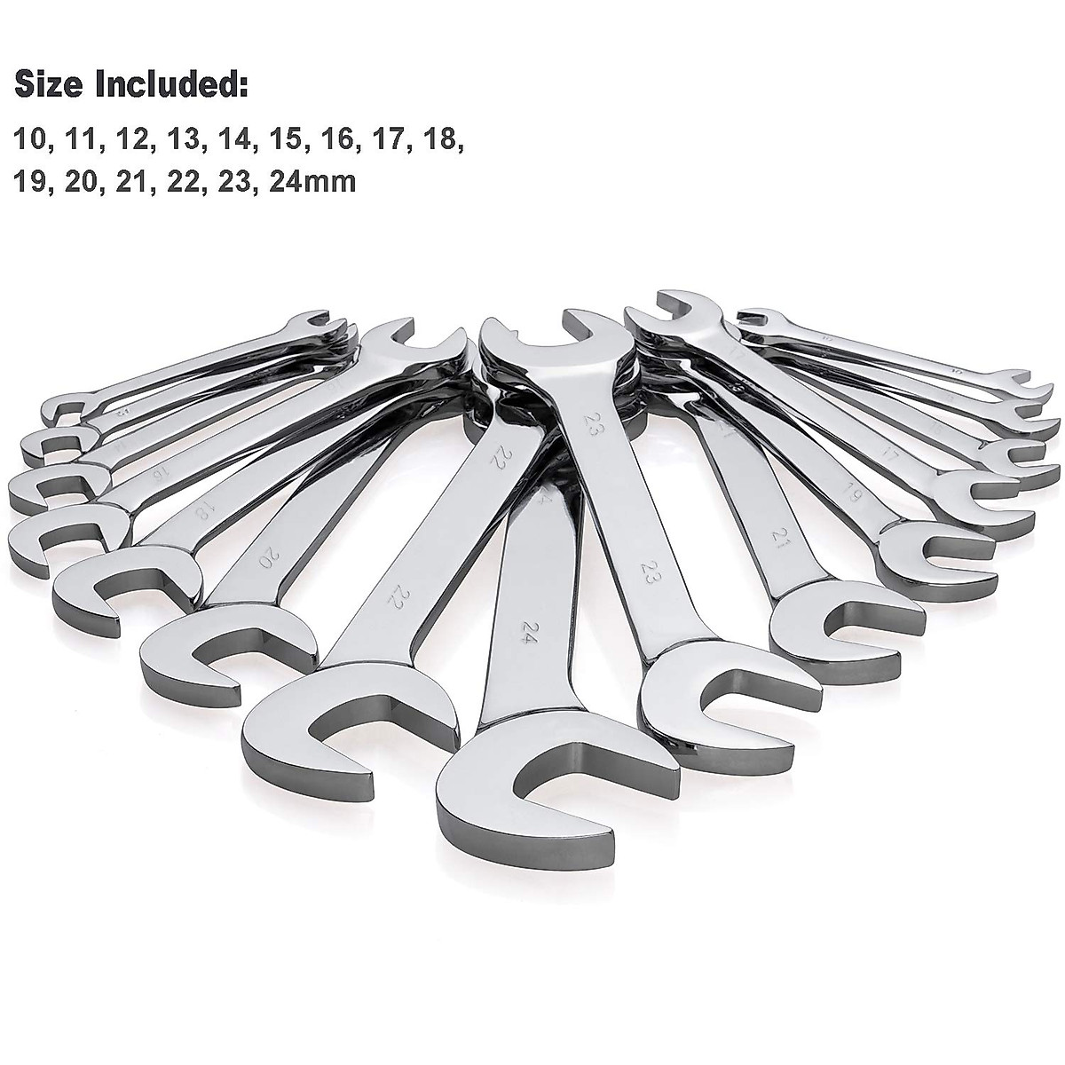15-Piece Premium Angle Head Open End Wrench Set, Chrome Vanadium Steel, Mirror Chrome Finish | Include Metric Sizes 10, 11, 12, 13, 14, 15, 16, 17, 18, 19, 20, 21, 22, 23, 24mm with Storage Rack