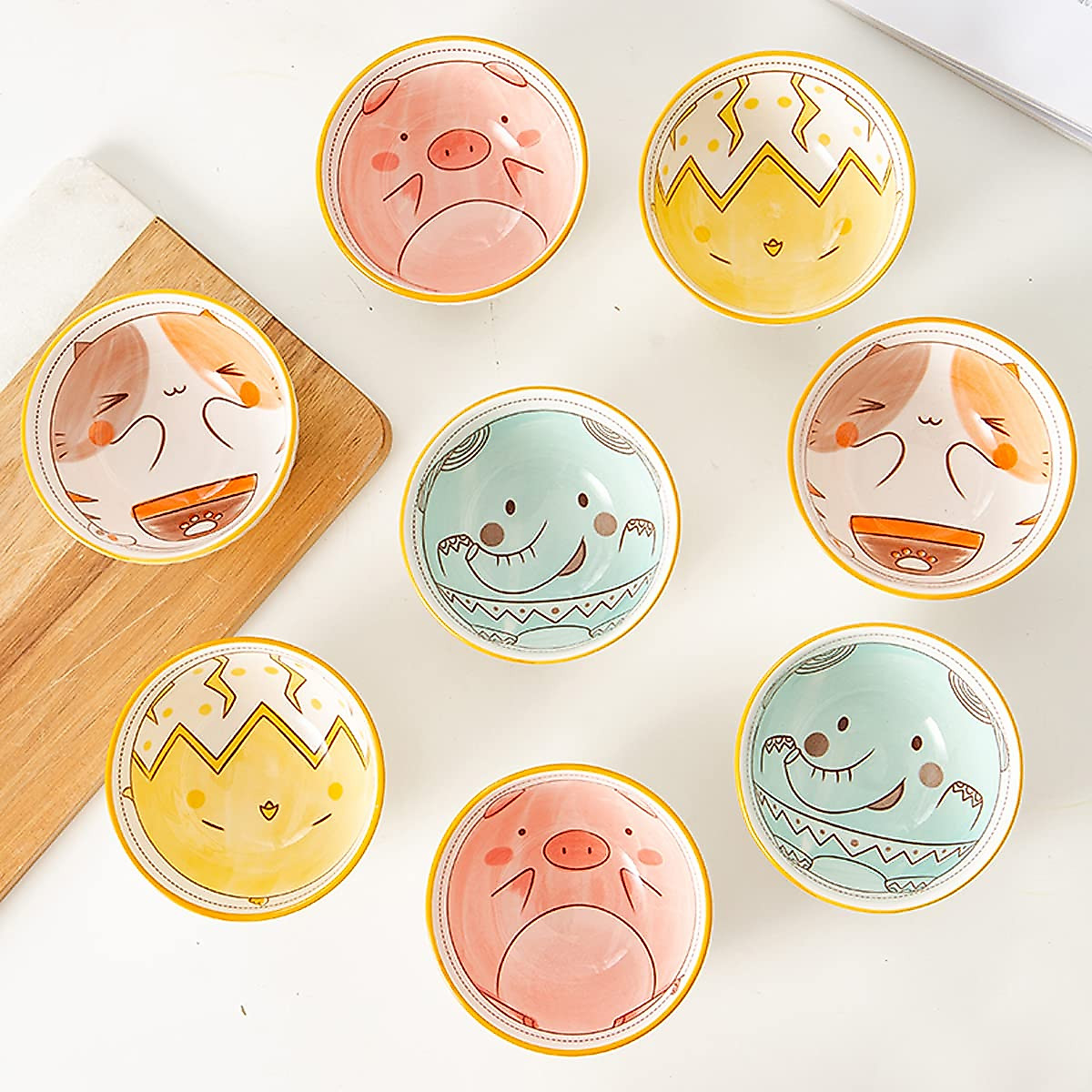 LLDAYU Set of 4 animals Cartoon Hand Painted Pattern Ceramic Bowl Set with in Gift Box - Great Cereal Bowls, Salad, Rice, Pasta or Soup Bowls - Large Capacity - Microwavable Ceramic Bowls