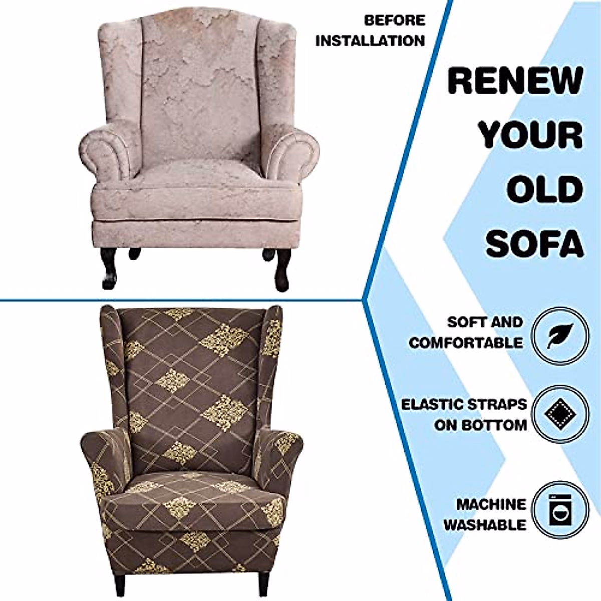 IMYOGI Stretch Wing Chair Slipcover 2 Pieces Wingback Covers with Seat Cushion Slipcover, Non-Slip Armchair Covers Furniture Protector for Kids and Pets (Color : Loka)