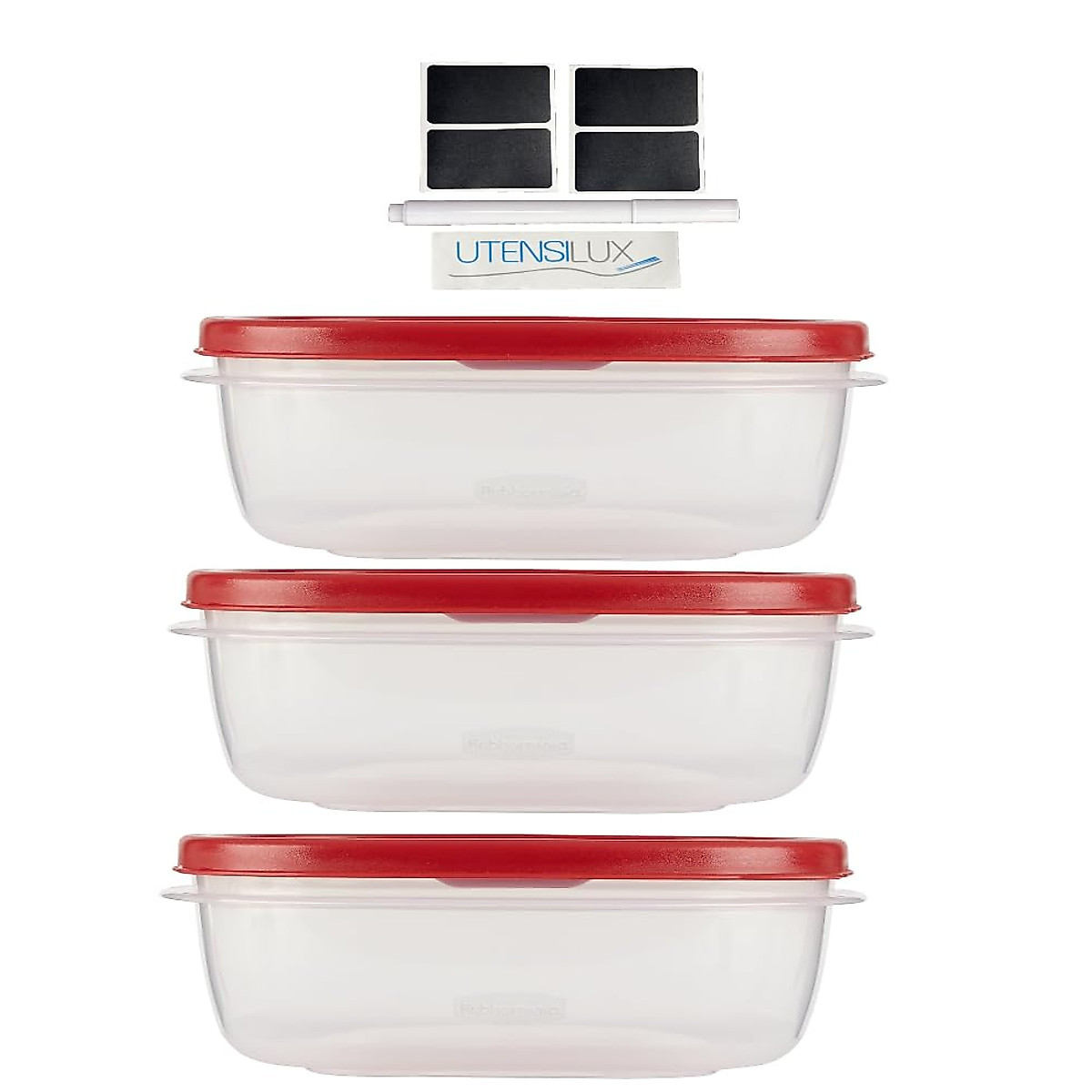 Utensilux Rubbermaid Food Storage Containers Nine Cup Food Storage Containers 7 Peice Set, Easy Find Lids, 3 Containers, 3 Lids Chalk Pen And Chalk Labels