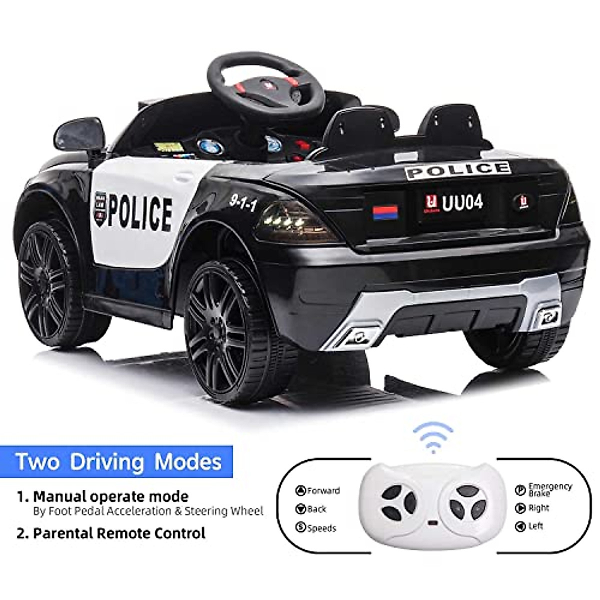 u URideon 12V Ride on Police Car for Kids, Battery Powered Electric Vehicle SUV with Remote Control, Siren, Flashing Light, Music (Black)