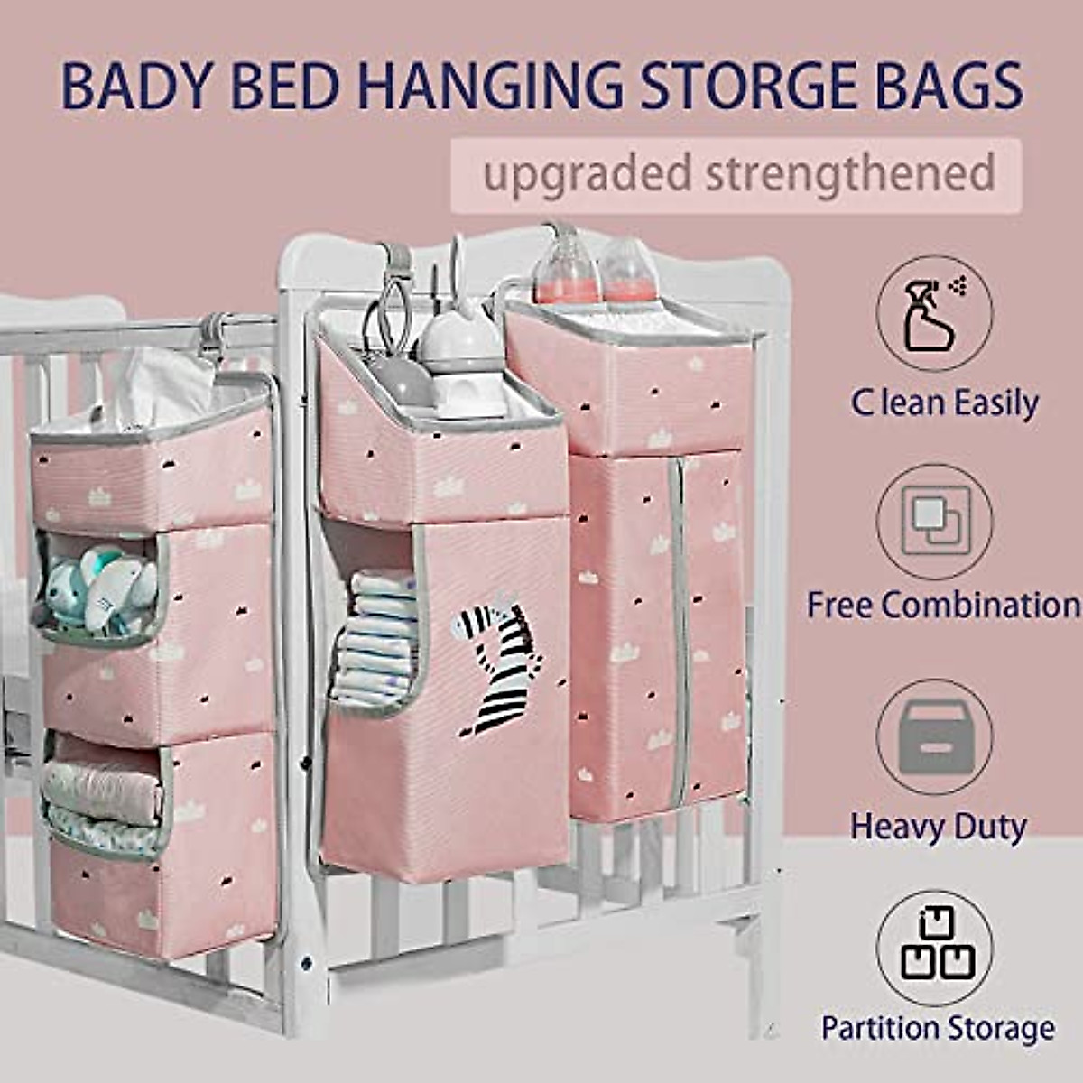 TOCKONIMN Hanging Diaper Caddy Organizer for Baby Crib - 3-in-1 Diaper Stacker for Changing Table Nursery Organization Storage Holder for Baby Essentials Attachment Portable Combining Clothing (Pink)