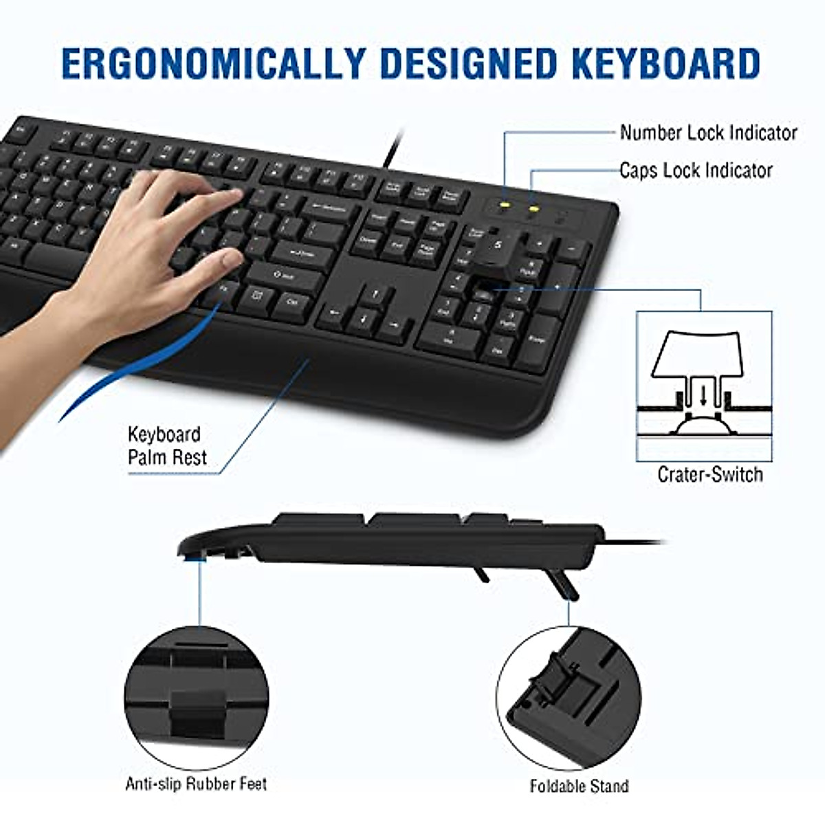 Wired Keyboard and Mouse Combo, EDJO Full-Sized Ergonomic Computer Keyboard with Palm Rest and Optical Wired Mouse for Windows, Mac OS Desktop/Laptop/PC