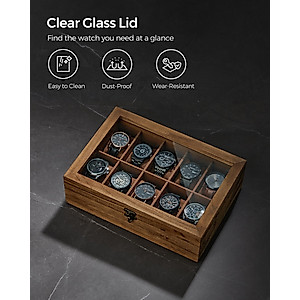 SONGMICS Watch Box, 10-Slot Watch Case, Solid Wood Watch Box Organizer with Glass Lid, Watch Display Case with Removable Pillows, Gift for Loved Ones, Rustic Walnut UJOW100K01