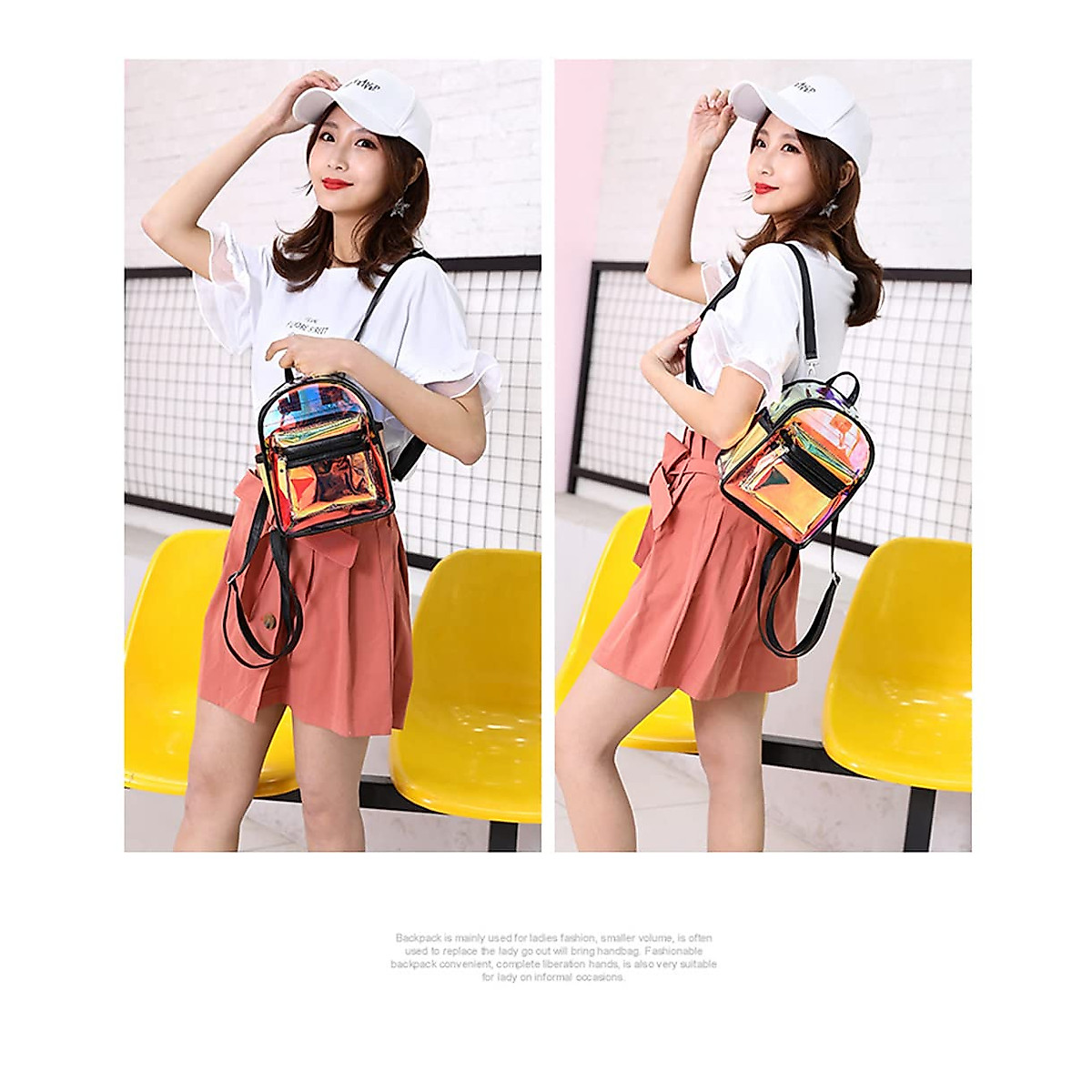 jascaela Clear Hologram Mini Backpack Waterproof PVC Shoulder Bag Casual Travel Daypack for Women Girls (Black)