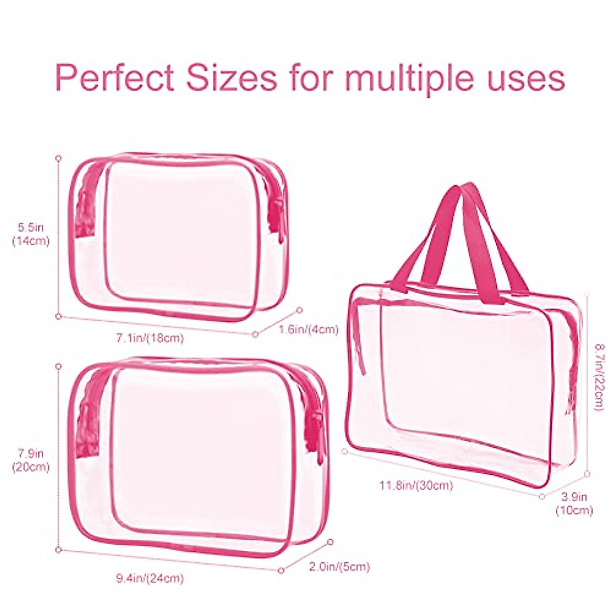 Veki 3Pcs Set Crystal Clear Toiletry Bag TSA Approved Makeup Bag Quart Size Cosmetic Bag Waterproof Travel Bags for Women Men Portable Carry on Airport Airline Compliant Bag (Rose Red)