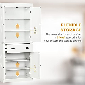 HOMCOM Freestanding Modern Farmhouse 4 Door Kitchen Pantry Cabinet, Storage Cabinet Organizer with 6-Tiers, 1 Drawer and 4 Adjustable Shelves, White