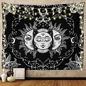 Ftuency Sun and Moon Tapestry Black and White Tapestries Mystic Burning Sun with Star Wall Hanging decor for Bedroom(94.5" W x 70.9" L)