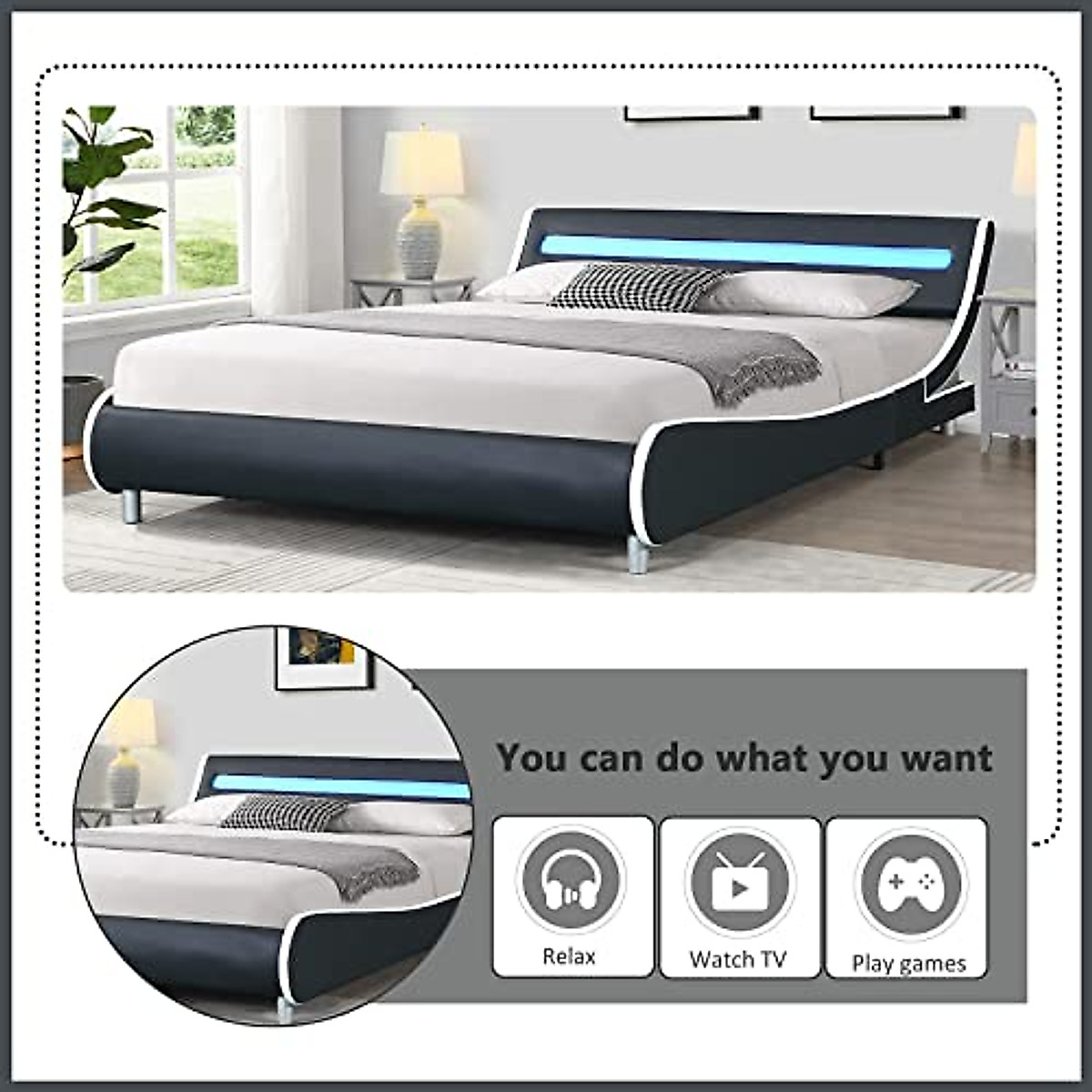 Queen Size Faux Leather Upholstered Platform Bed Frame with LED Lighting, Curve Design, Wood Slat Support, No Box Spring Required, Simple Assembly for Boys Girls Teenagers and Adults, Black+White