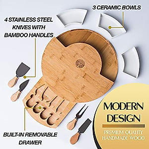 Premium Bamboo Cheese Board and Knife Set - Charcuterie Board Set w Accessories – Meat and Cheese Board, Serving Platter with 3 Bowls - Housewarming Gift for Women - Anniversary Wedding Gifts