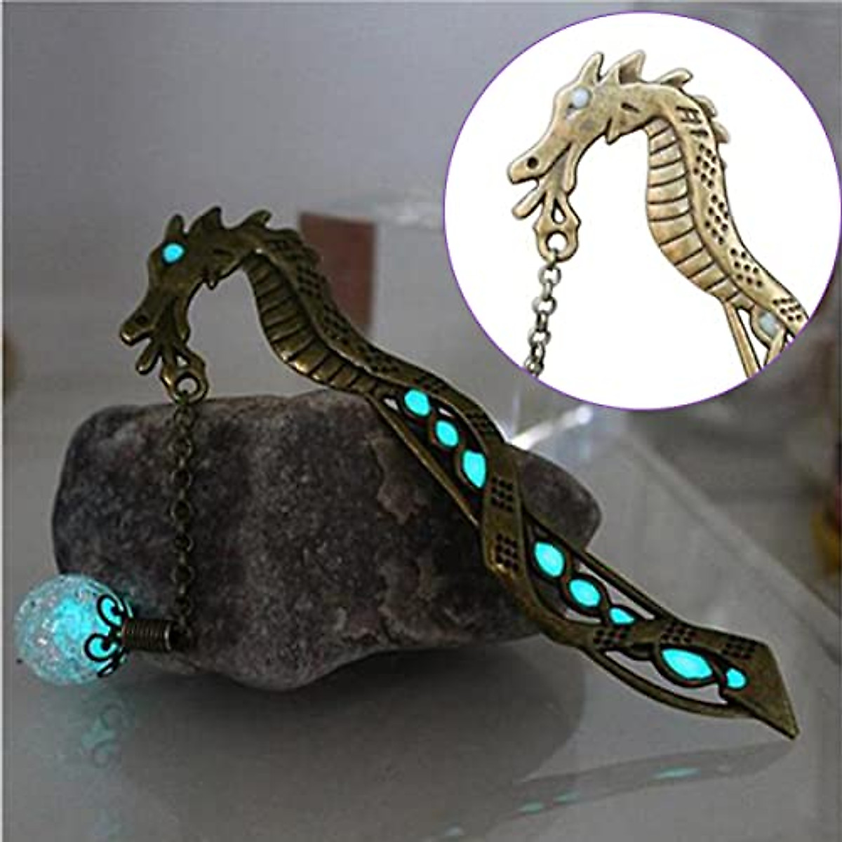 Operitacx Bead Gift The Glowing Reader Hairpin Retro Stationery Luminous Use Favors Pendant Lovers Shape with and D Alloy Book Bookmarks in Gifts for Metal Glow Daily Pearl Dragon