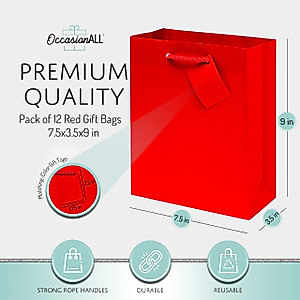 Red Gift Bags - 12 Pack Medium Red Gift Bags with Handles, Gift Wrap Paper Euro Totes for Valentine's Day, Holiday Gift Wrap, Birthday & Wedding, Small Business, Retail & Boutiques, Bulk - 7.5x3.5x9