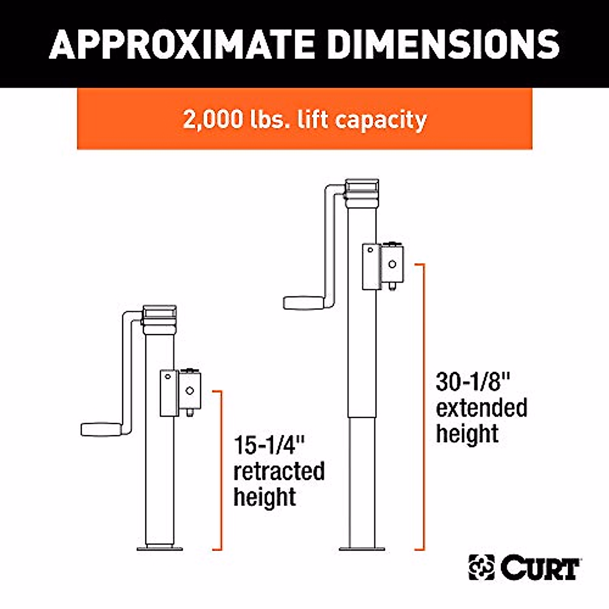 CURT 28324 Weld-On Pipe-Mount Swivel Trailer Jack, 2,000 lbs. 15 Inches Vertical Travel, CARBIDE BLACK POWDER COAT